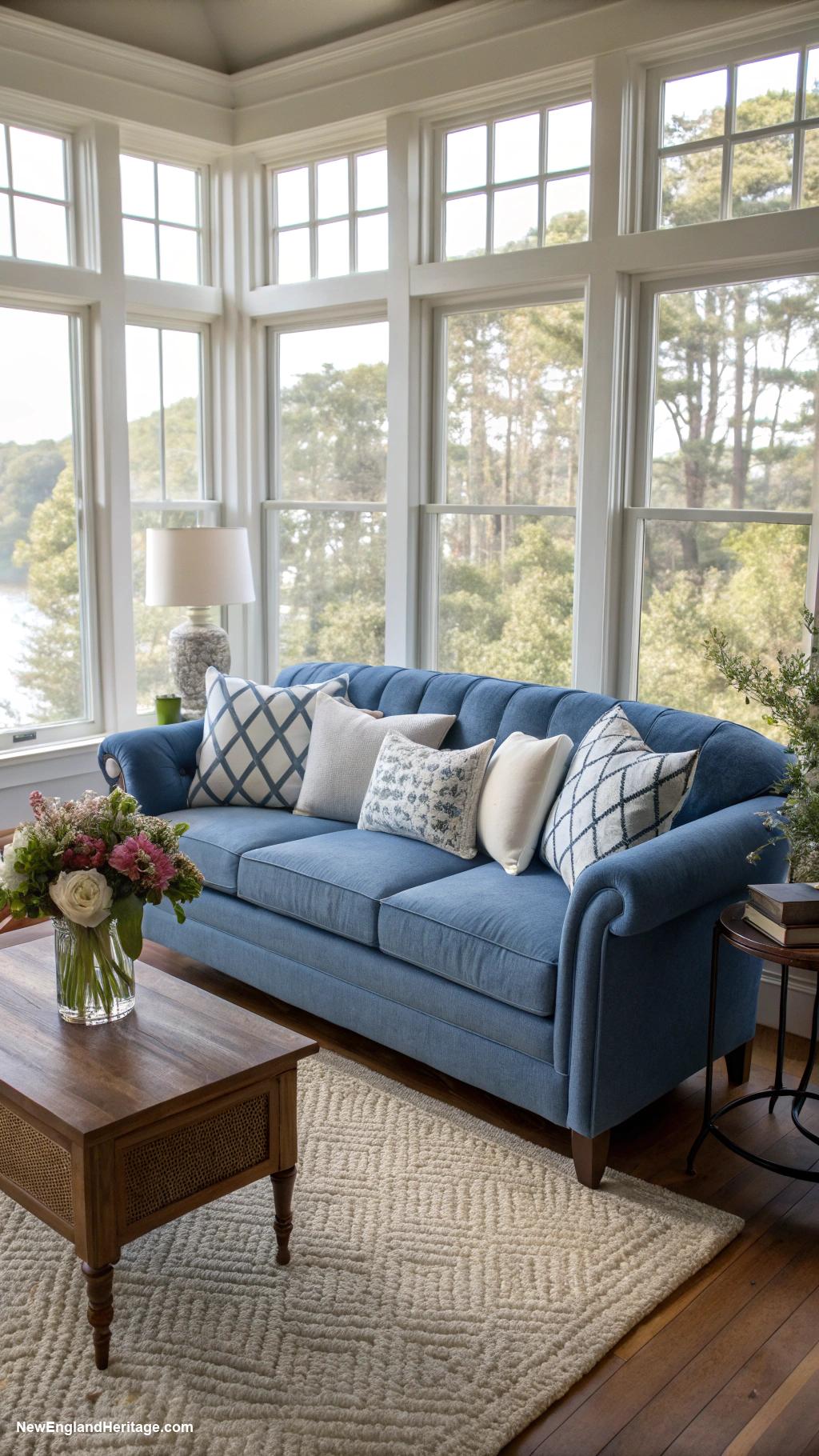 10 Inspiring Living Rooms with a Blue Sofa in the New England Style
